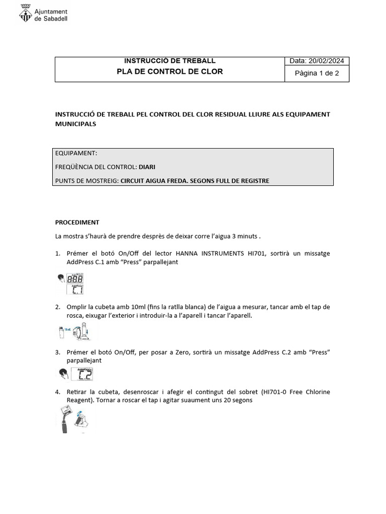 Protocol Pel Control Del Clor Residual Lliure Als Equipaments Municipals... | PDF