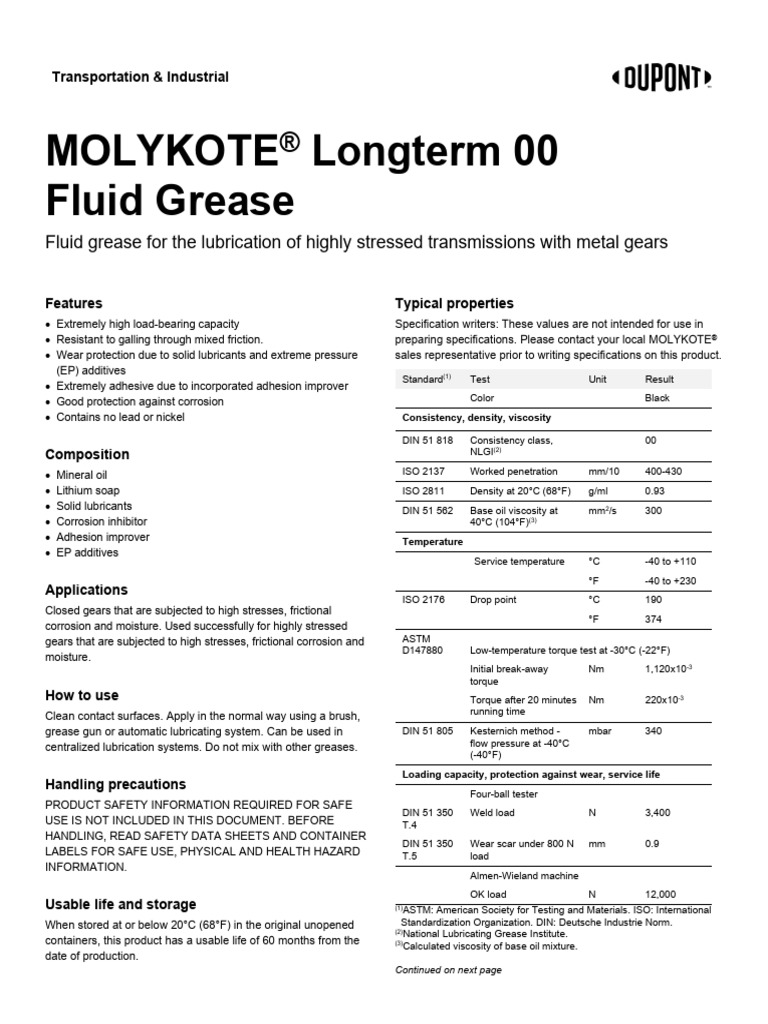 MOLYKOTE Longterm 00 Fluid Grease 2019 | PDF | Lubricant | Materials MOLYKOTE Longterm 00 Fluid Grease 2019 | PDF | Lubricant | Materials