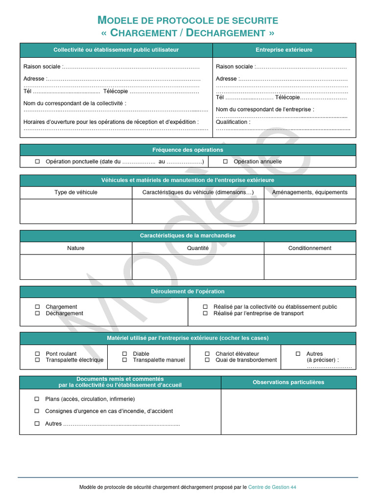Modèle Protocole de Sécurité Chargement Déchargement CDG 44 | PDF ...