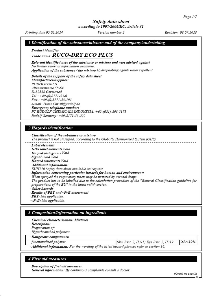 WR RUCO-DRY ECO PLUS - (SDS) | Download Free PDF | Safety | Materials