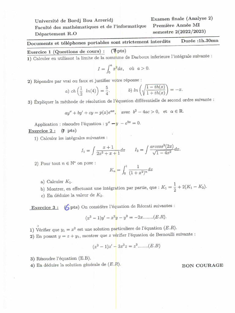 Examen1 Analyse 2 2023 | PDF