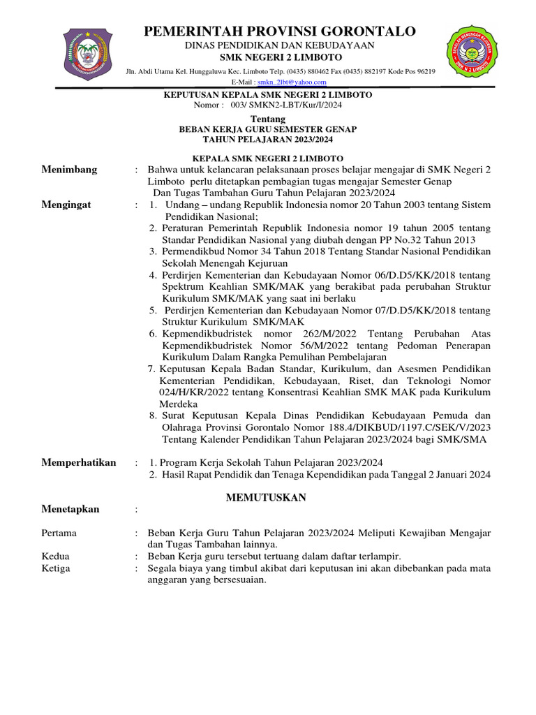 SK Pembagian Tugas Semester Genap 2023 2024 | PDF