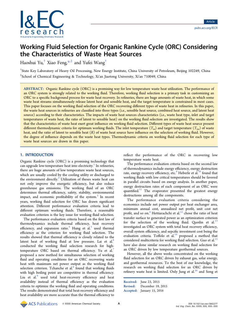 Working Fluid Selection For Organic Rankine Cycle (ORC) Considering | PDF | Heat | Exergy
