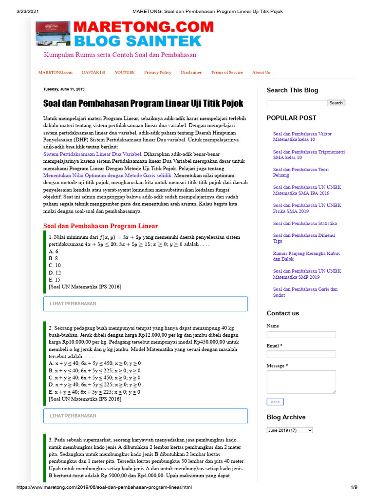 MARETONG - Soal Dan Pembahasan Program Linear Uji Titik Pojok | PDF