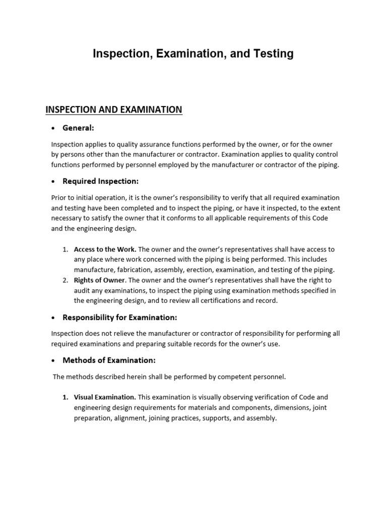 Asme B31.9 Inspection & Testing | PDF | Construction | Welding