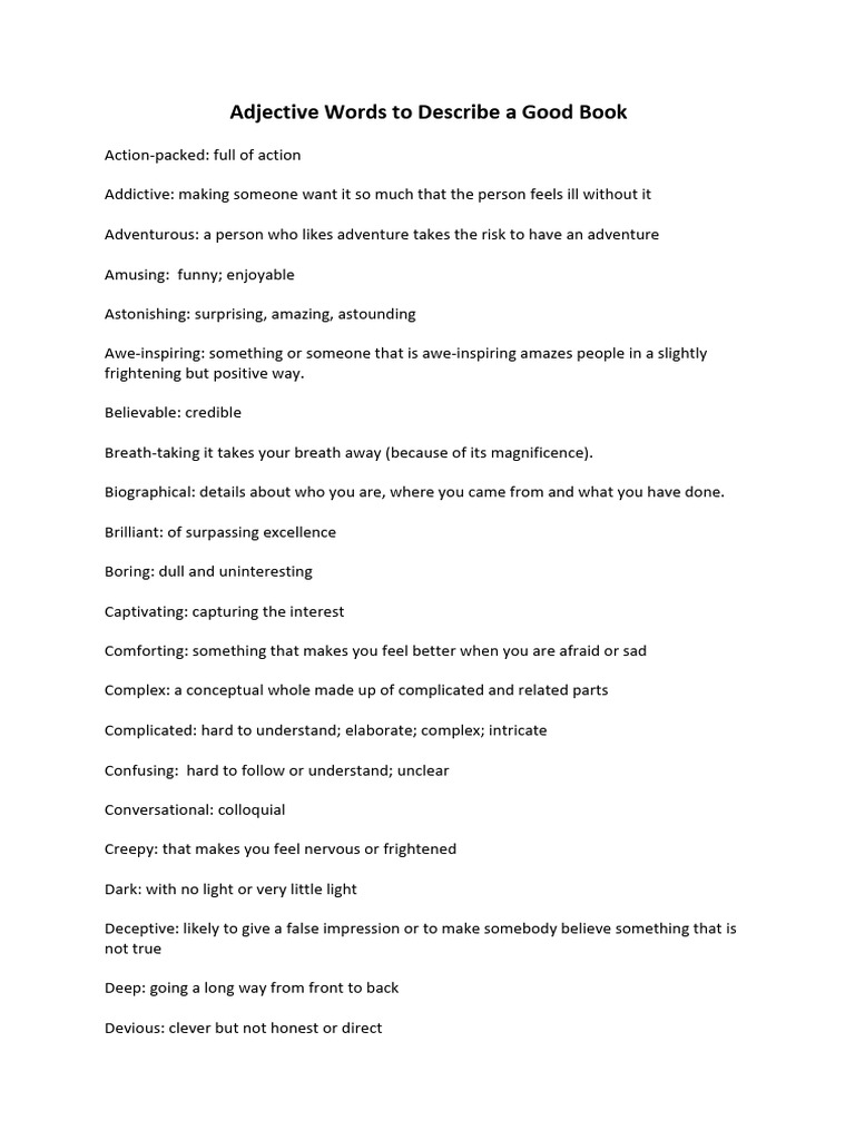 Adjective Words for Describing Books | PDF | Understanding