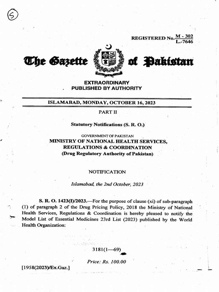 SRO 1423 of 2023 Model List of Essential Medicines 2023 1 | PDF SRO 1423 of 2023 Model List of Essential Medicines 2023 1 | PDF