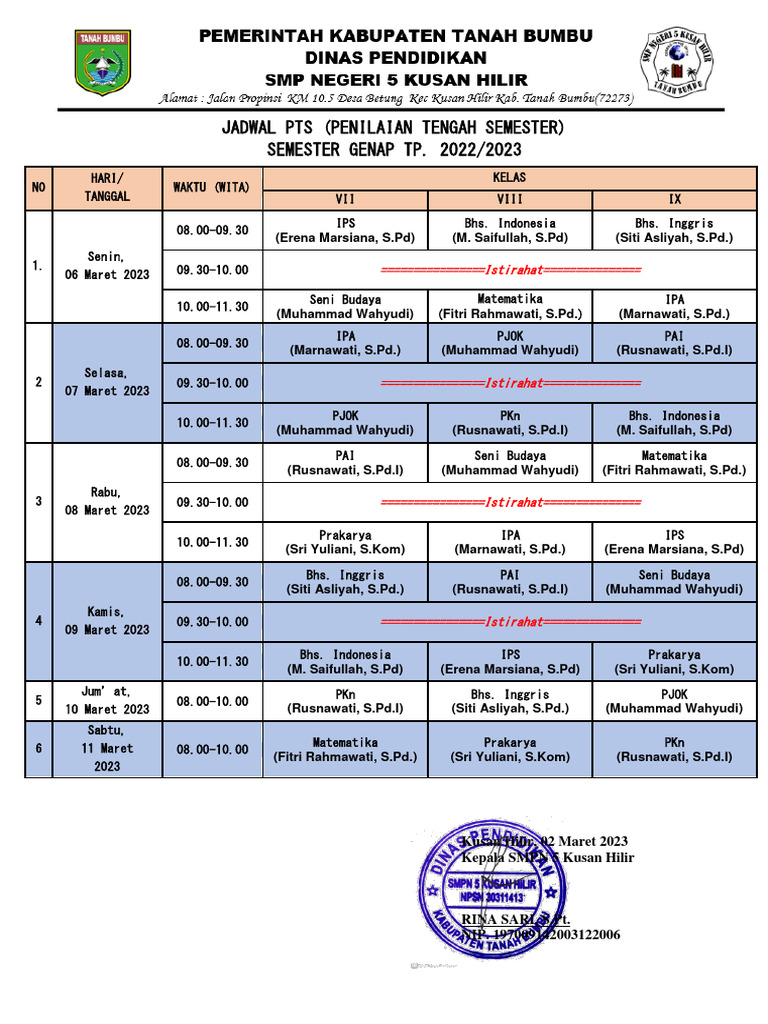 Jadwal PTS Semester Genap 2023 | PDF