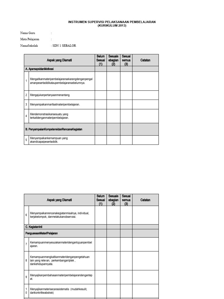 Instrumen Supervisi KBM | PDF