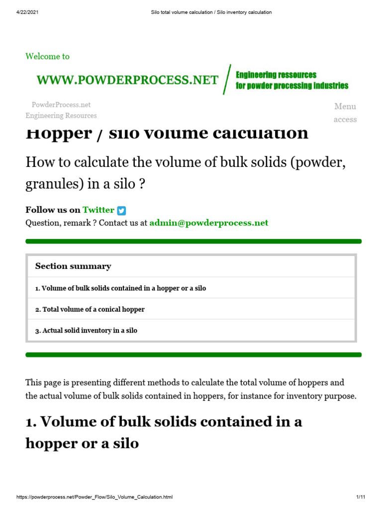 Silo Total Volume Calculation - Silo Inventory Calculation | PDF ...