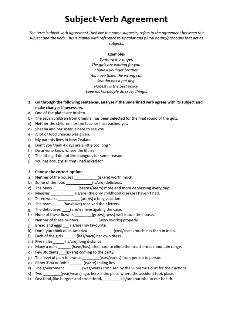 Class9th Sub-Verb Agreement Worksheet | PDF | Syntactic Relationships | Linguistic Typology