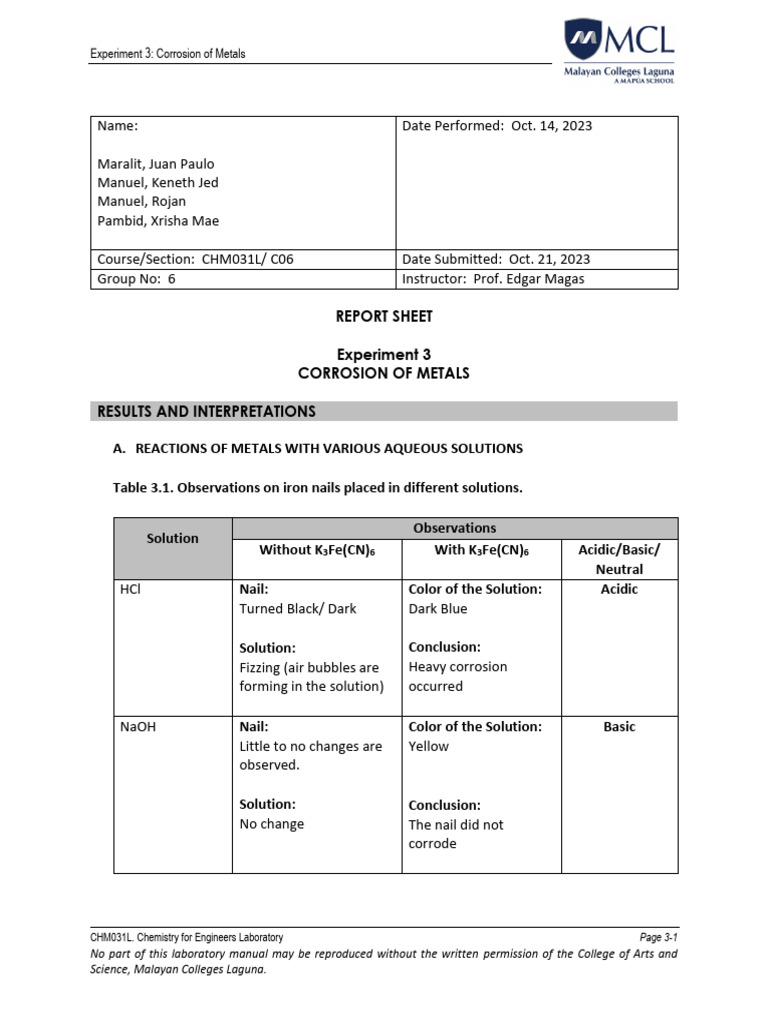 CHM031L - Experiment 3 - Group 6 | PDF | Corrosion | Redox