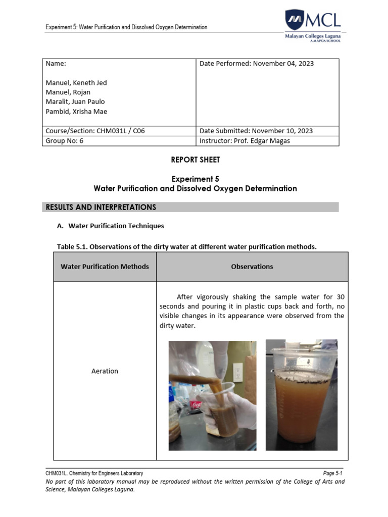 CHM031L - Experiment 5 - Group 6 | PDF | Water Purification | Oxygen