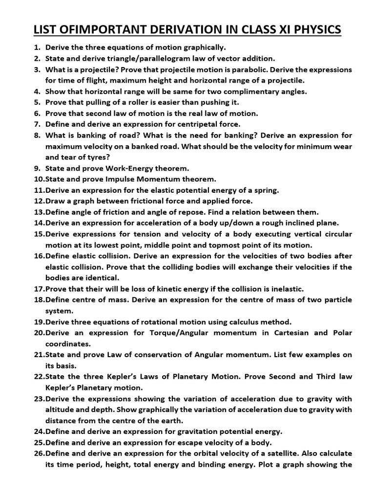 Key Derivations for Class 11 Physics | PDF | Collision | Velocity