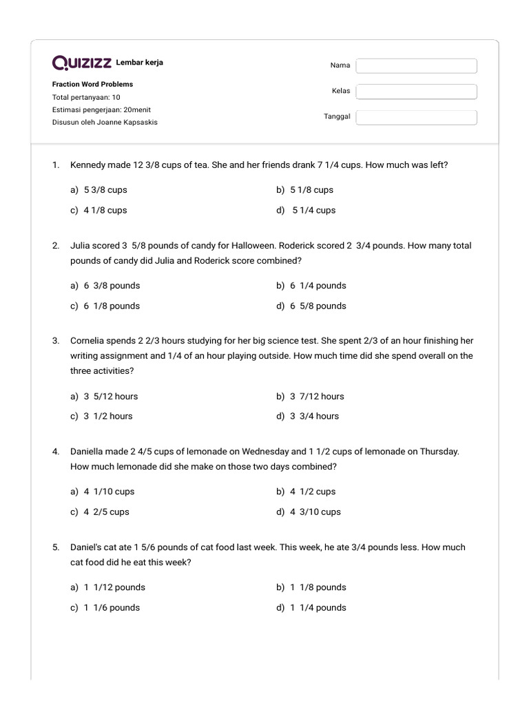 Quizizz - Fraction Word Problems | PDF