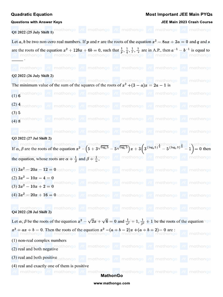 Quadratic Equation - Pyqs | PDF