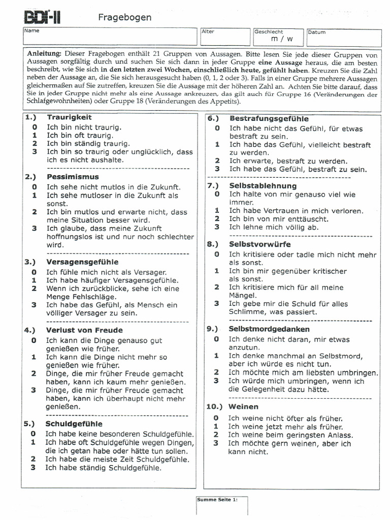 BDI II Fragebogen | PDF