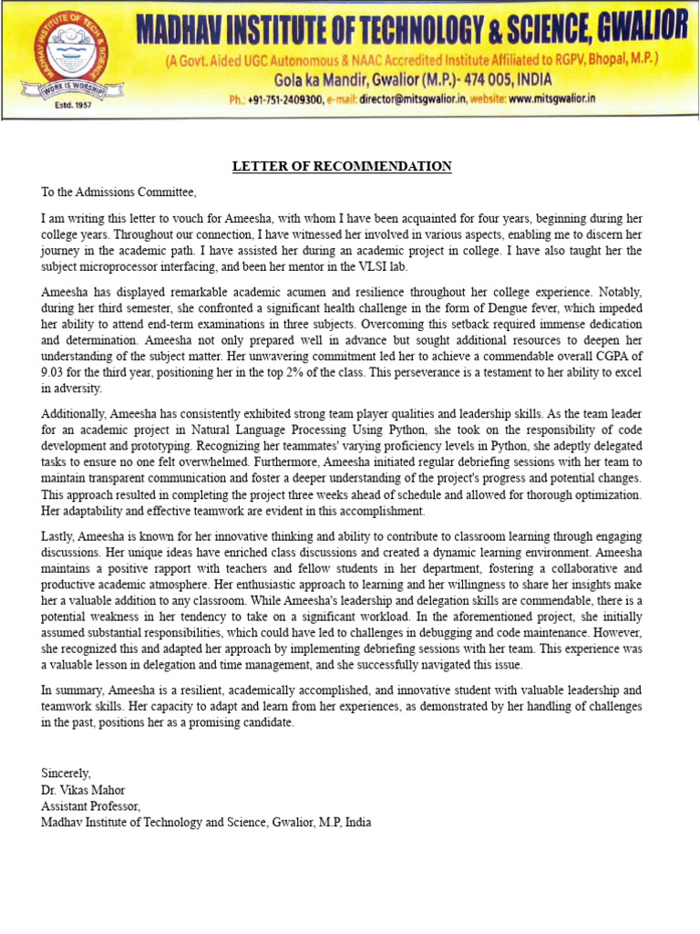 LOR Format | PDF | Psychological Resilience | Leadership