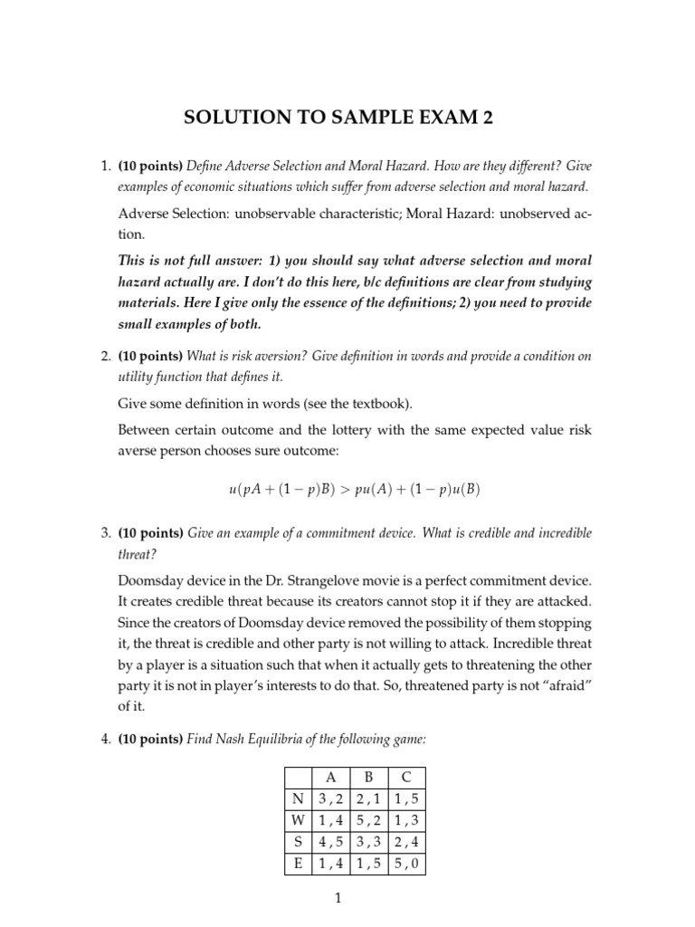 Samplexam 2 Solution | PDF | Adverse Selection | Economic Equilibrium