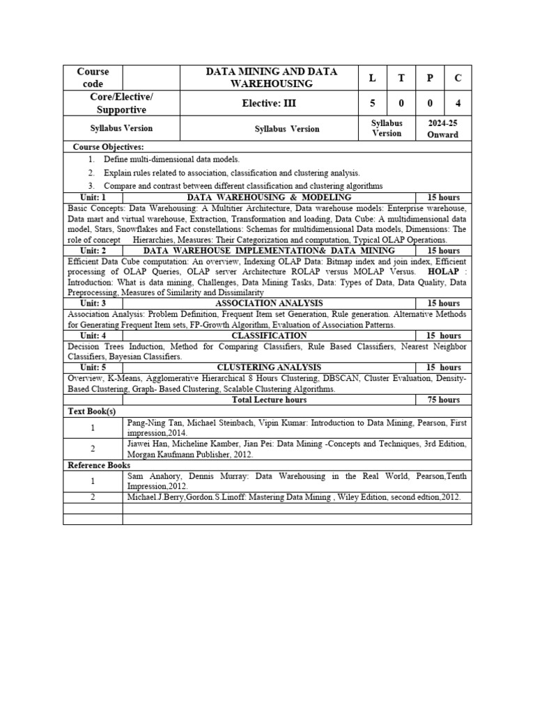 Data Mining & Warehousing Course | PDF | Cluster Analysis | Data Warehouse