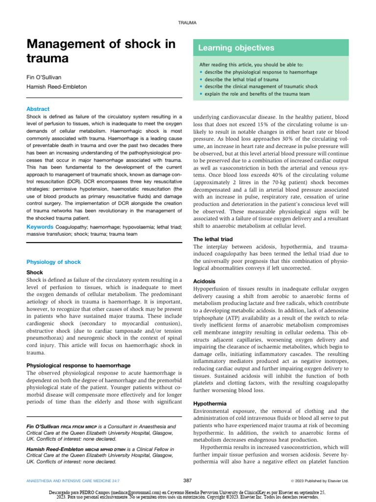 Management of Shock in Trauma | PDF | Shock (Circulatory) | Traumatic ...
