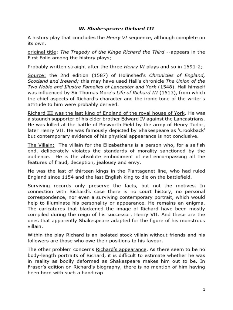 Richard III - Handout | Download Free PDF | Shakespearean History ...