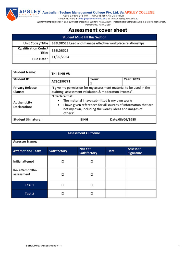 BSBLDR523 Student Assessment Tasks | PDF | Employment | Plagiarism