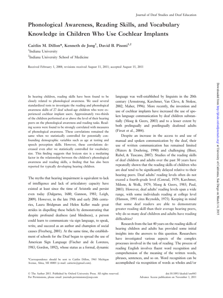 Dillon, De Jong y Pisoni (2011) Phonological Awareness, Reading Skills, And Vocabulary Knowledge ...