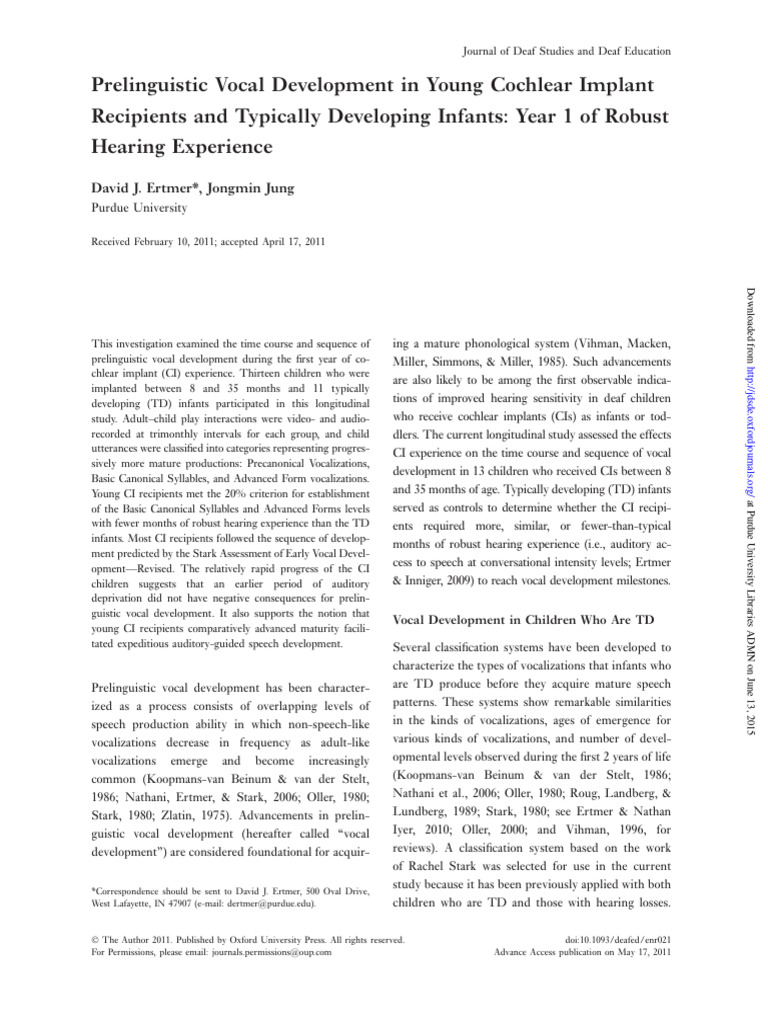 Ertmer y Jung (2011) Prelinguistic Vocal Development in Young Cochlear Implant Recipients and ...
