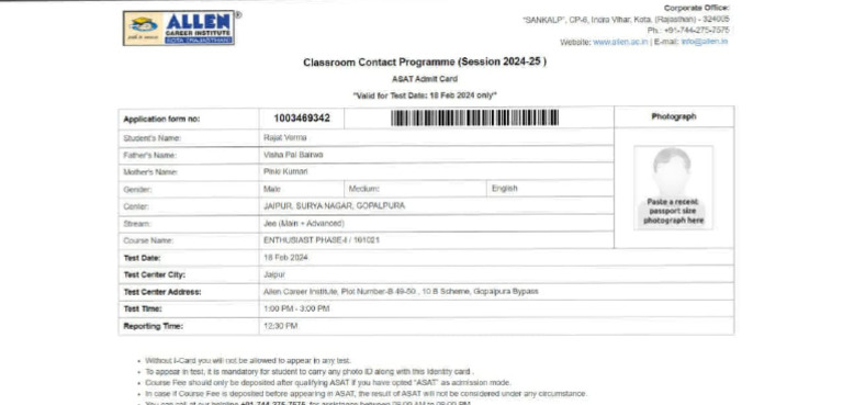 ASAT Admit Card for 2024-25 Session | PDF | Applications Of ...