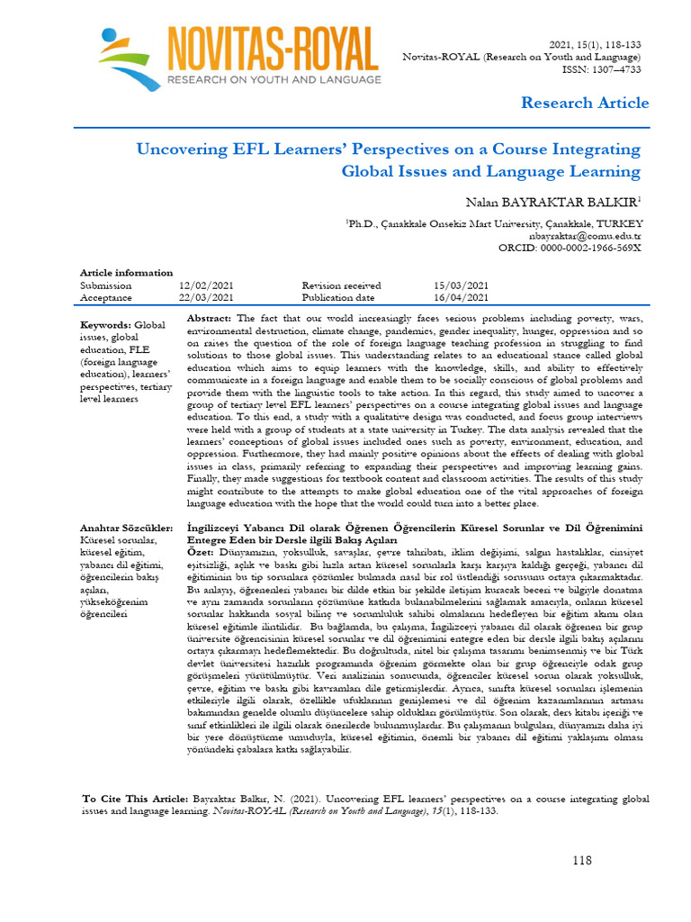 Uncovering EFL Learners' Perspectives On A Course Integrating Global Issues and Language ...