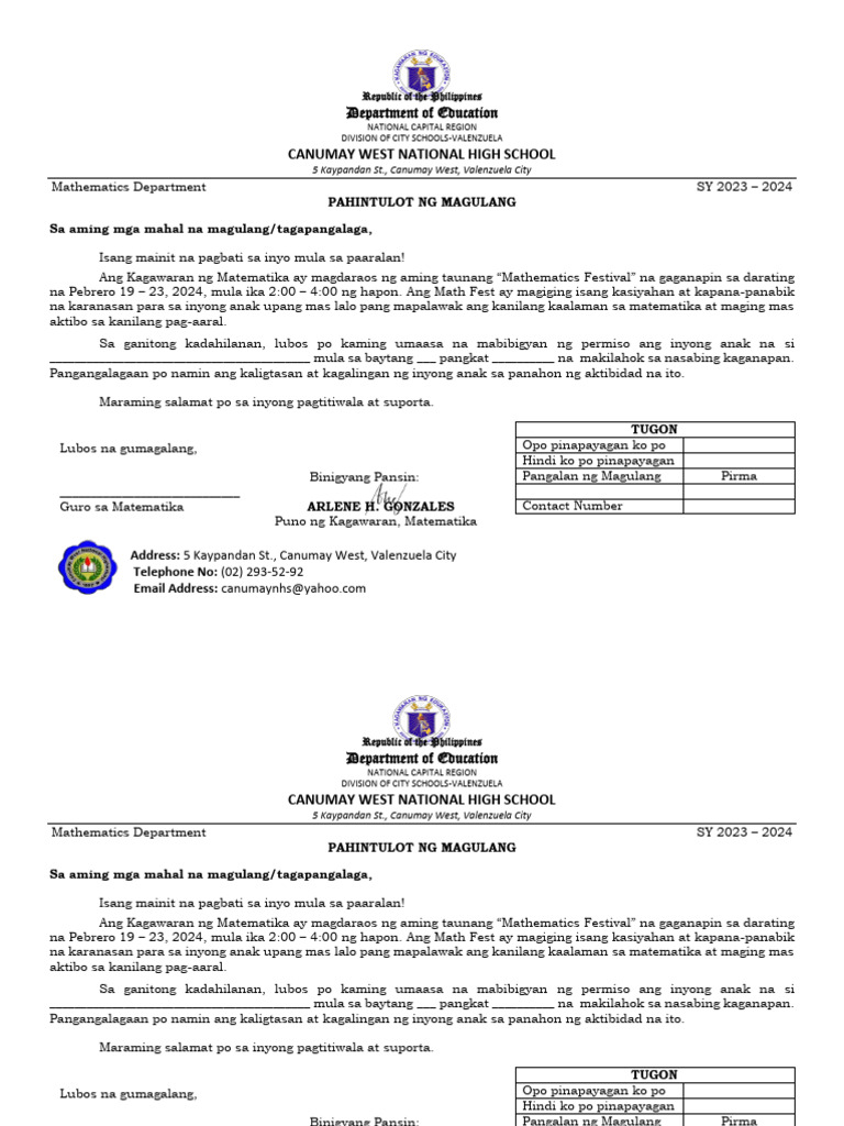 Math Fest Parent Permit | PDF