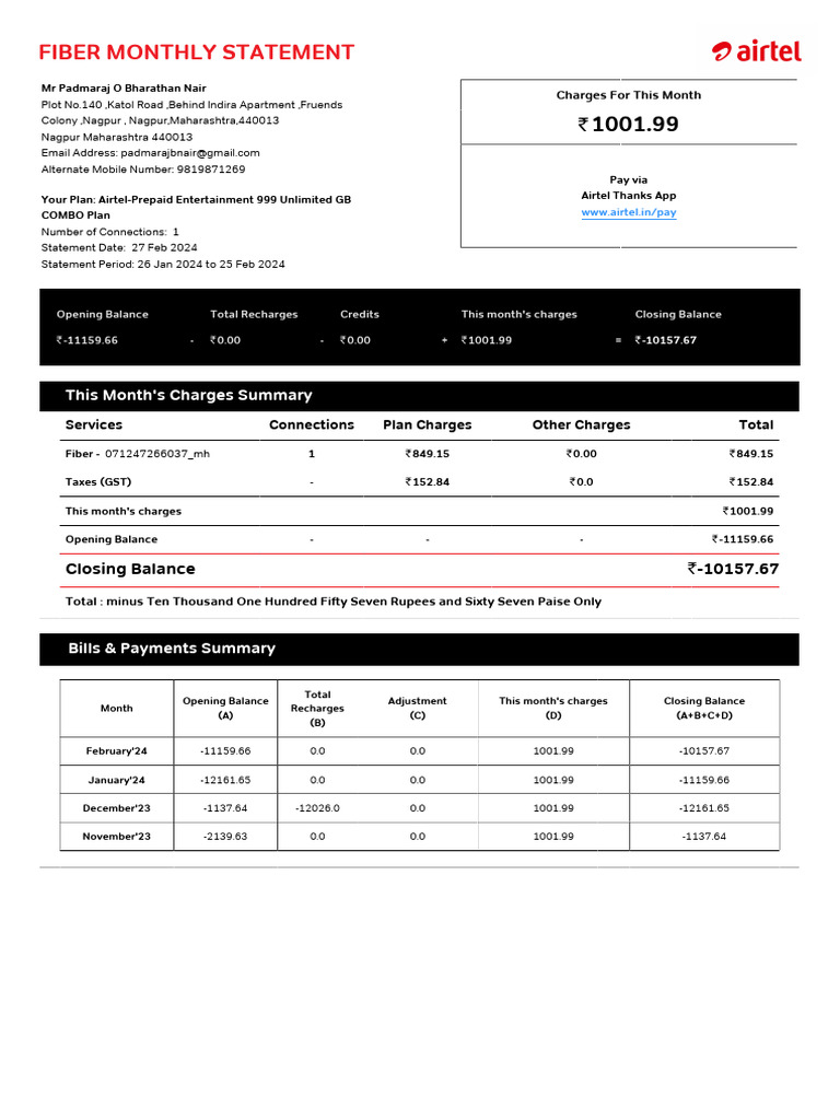 Fiber Monthly Statement: This Month's Charges Summary | PDF | Economies ...