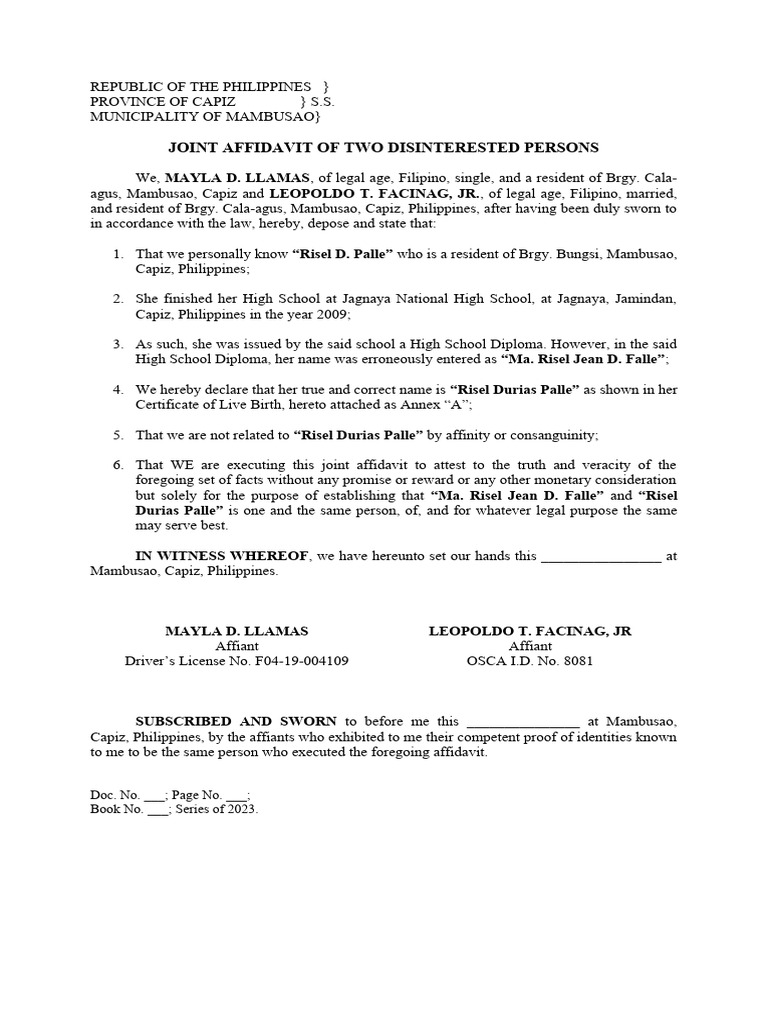 Affidavit of 2 Disinterested Persons | PDF