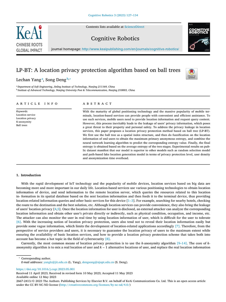 LP BT A Location Privacy Protection Algorithm Based On - 2023 - Cognitive Robot | PDF | Privacy ...