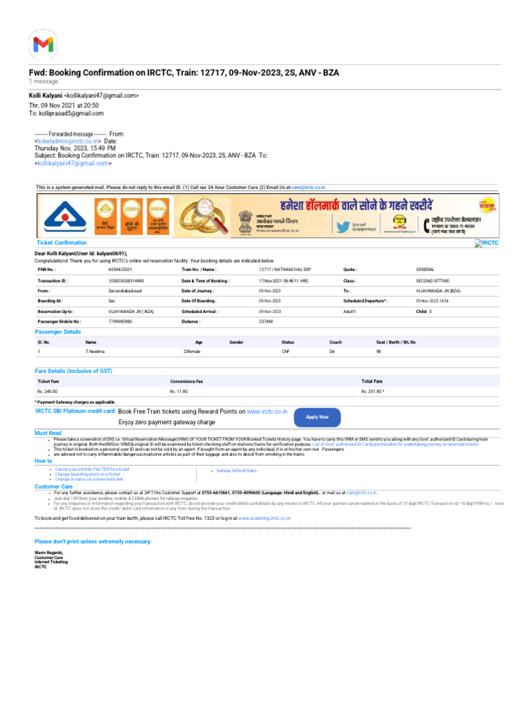Gmail - FWD - Booking Confirmation On IRCTC, Train - 12717, 24-Nov-2021 ...