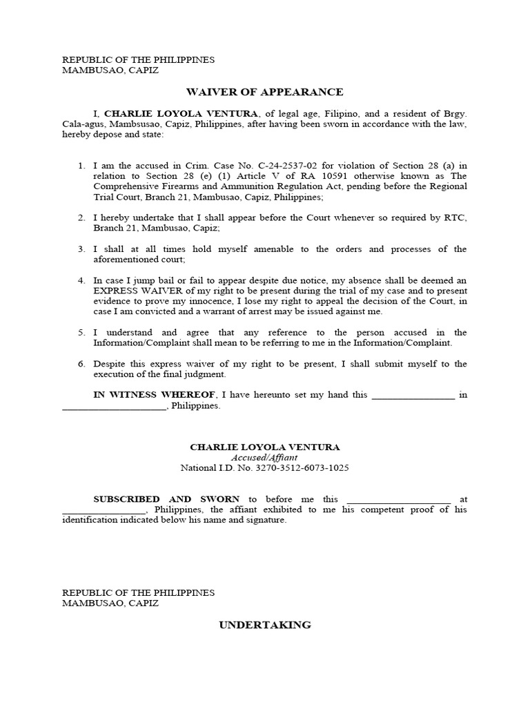 Bail Undertaking and Waiver Form | PDF | Bail | Separation Of Powers