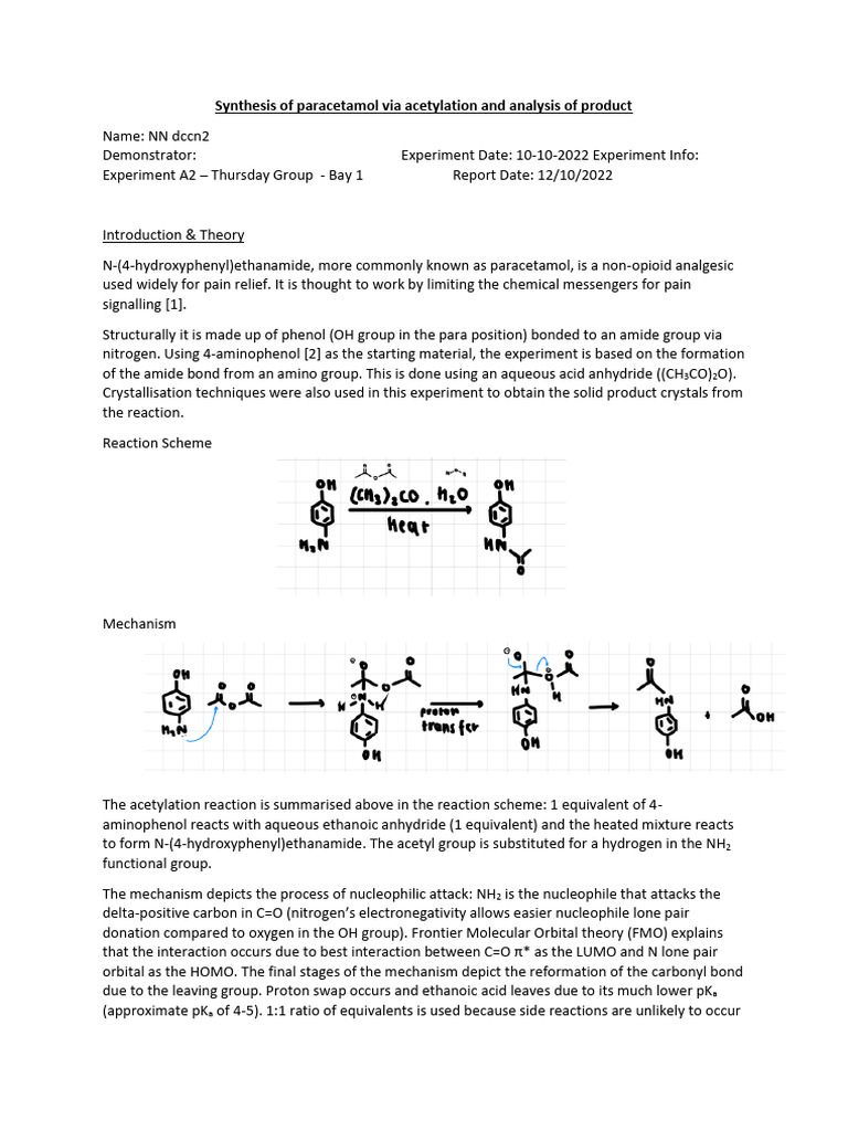 Synthesis of Paracetamol Via Acetylation and Analysis of Product | PDF ...