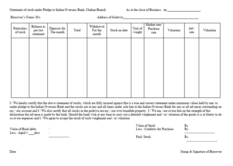 Stock Statement for IOB Pledge | PDF