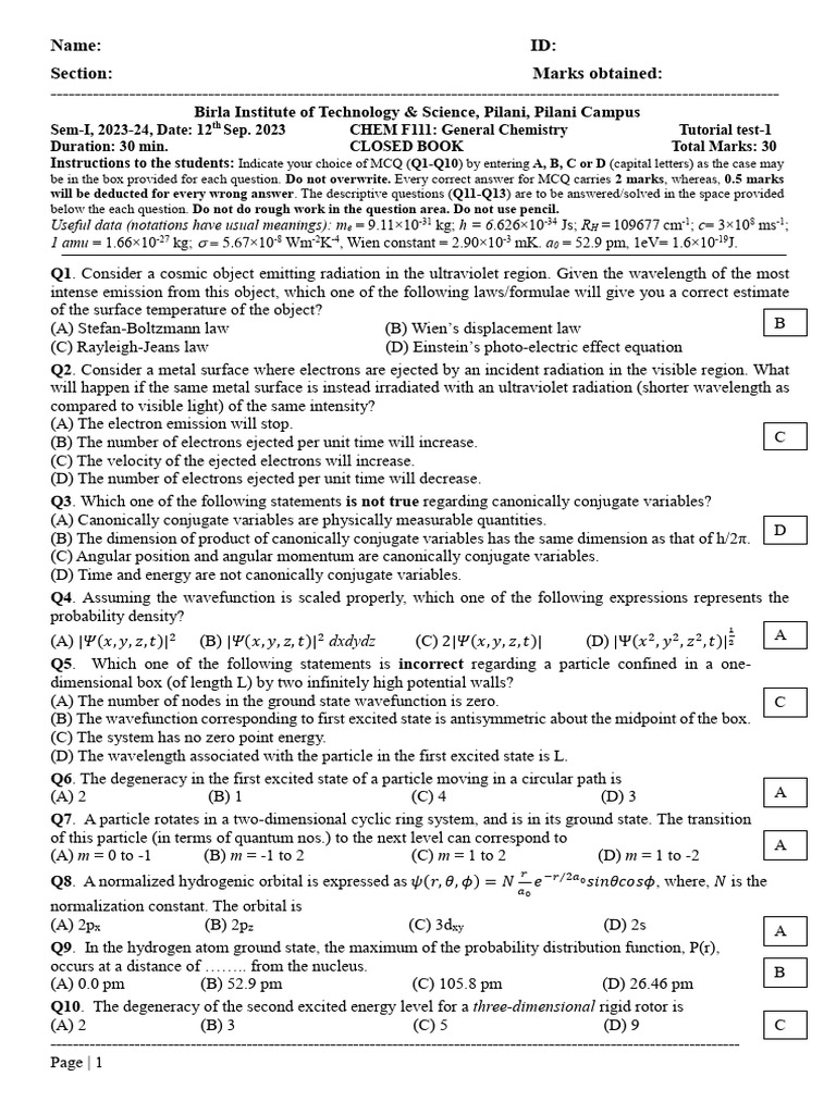 Quiz 1 SET A - Model Answer | PDF | Electron | Energy Level