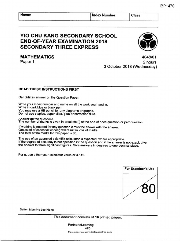 Sec3 EMaths 2018 SA2 Yiochukang | PDF
