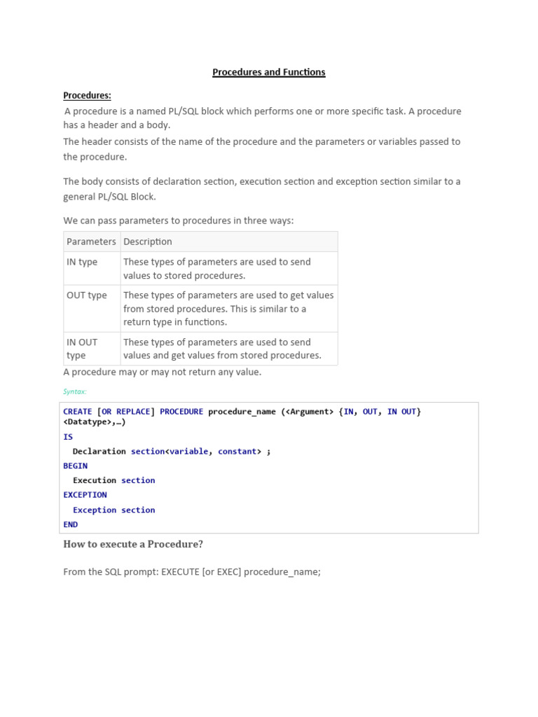 Procedures and Functions | PDF | Pl/Sql | Parameter (Computer Programming) Procedures and Functions | PDF | Pl/Sql | Parameter (Computer Programming)