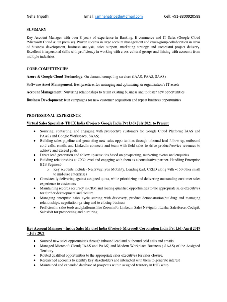 Neha Tripathi CV | PDF | Sales | Software As A Service