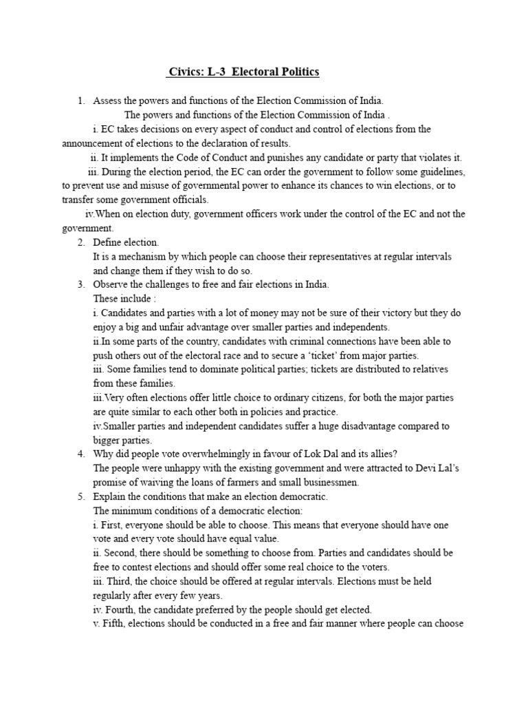 Civics - L-3 Electoral Politics | PDF | Elections | Voting