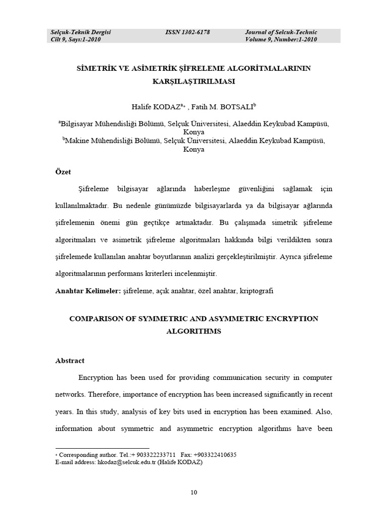 Simetrik Ve Asimetrik Şifreleme Algoritmalarının Karşılaştırılması | PDF