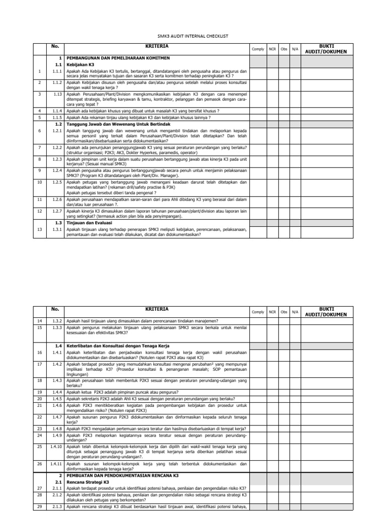 SMK3 Audit Internal Checklist | PDF