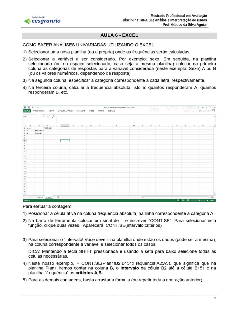 Aula 6 - Excel - Passo 1 | PDF | Mediana (Estatística) | Estatísticas descritivas