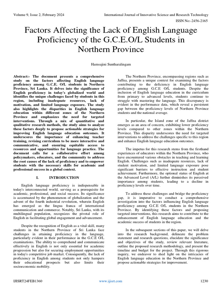 Factors Affecting the Lack of English Language Proficiency of the G.C.E ...