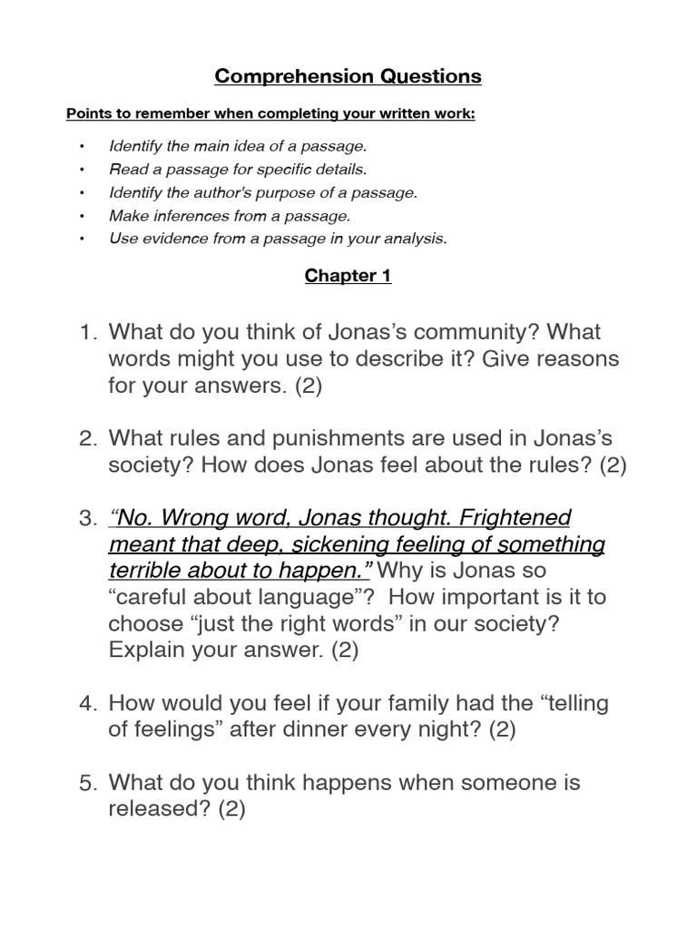 The Giver - Comprehension Questions - CHP 1-2 | PDF
