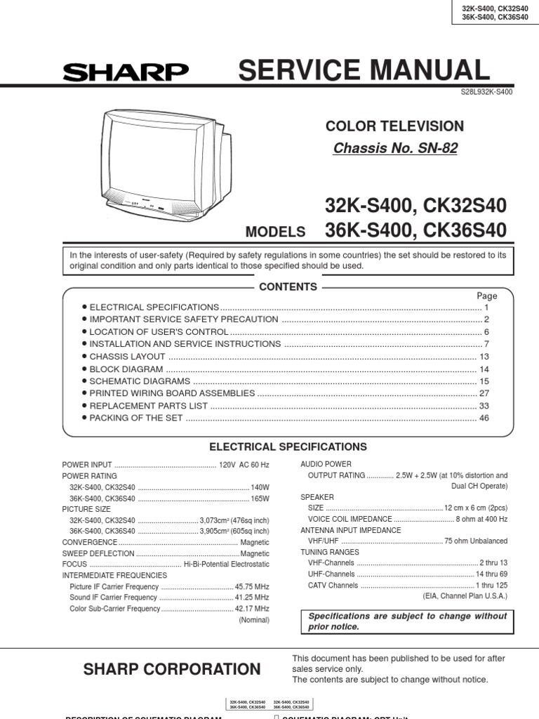 Service Manual for Sharp 32K-S400, CK32S40 and 36K-S400, CK36S40 Color ...